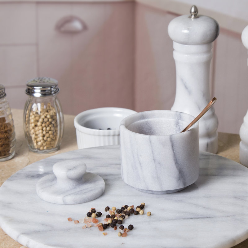 Creative Home Natural Marble Salt Cellar Keeper Round Salt Spices Container Salt And Pepper Bowls Off white